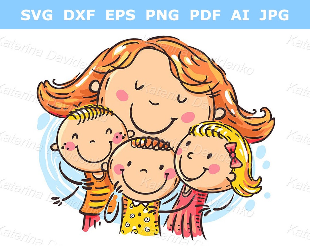 Doodle Cartoon Happy Family Clipart. Mother Embracing Children. Mom ...