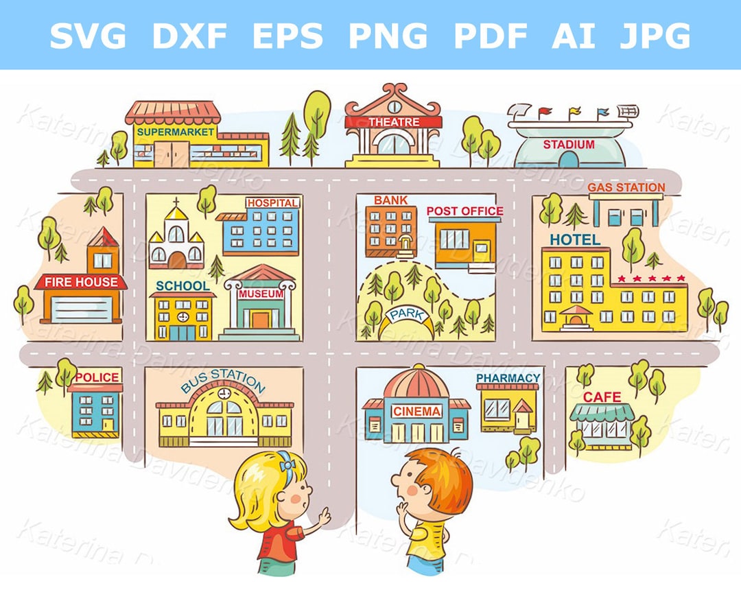 Cartoon Illustration of City Plan and Buildings With Signs. Back to ...