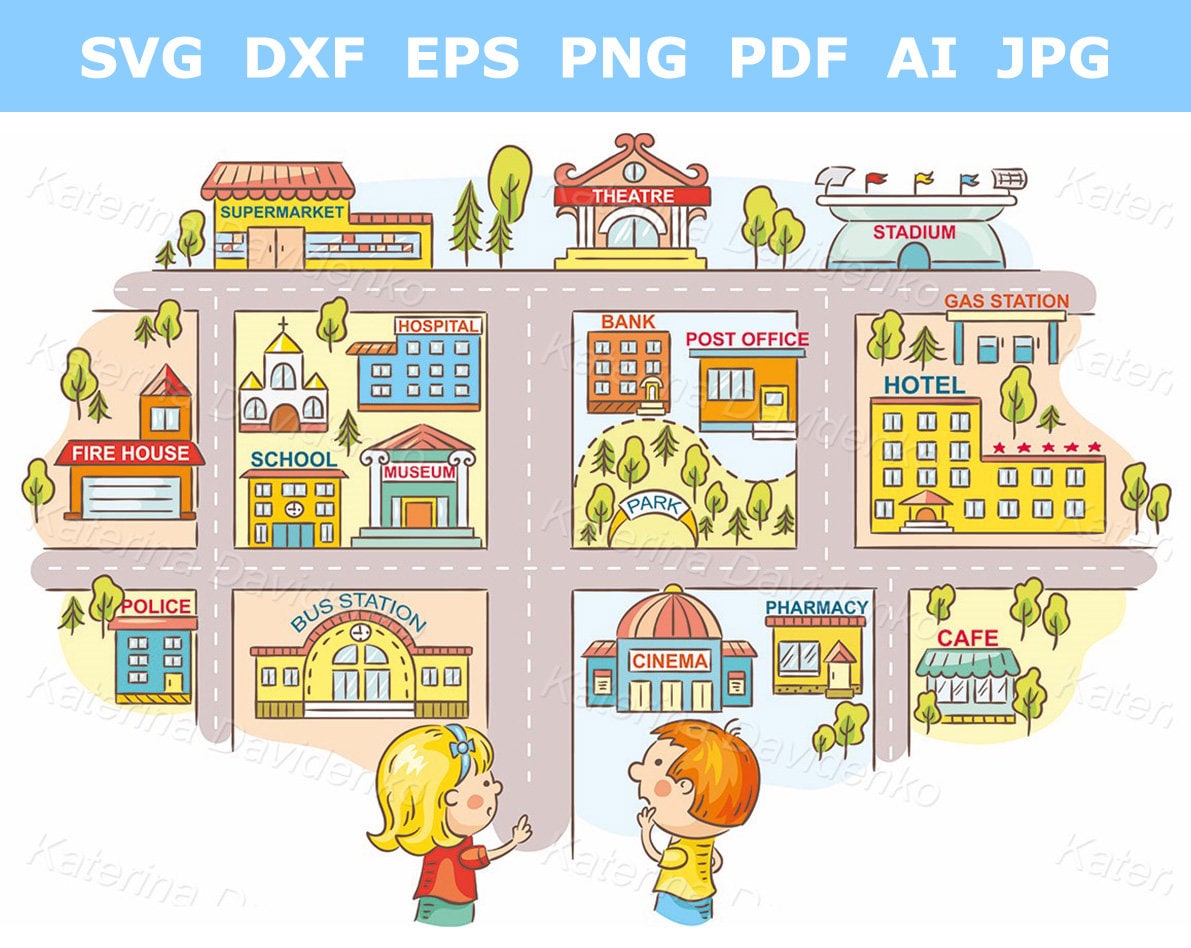 Cartoon Illustration of City Plan and Buildings With Signs. Back to ...