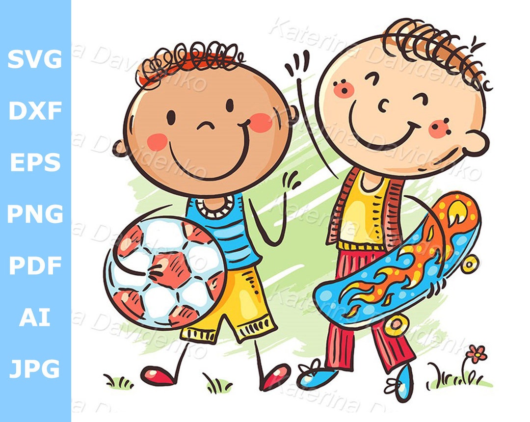 Cartoon Kids Clipart. Doodle Boys With Skateboard and Soccer Ball ...
