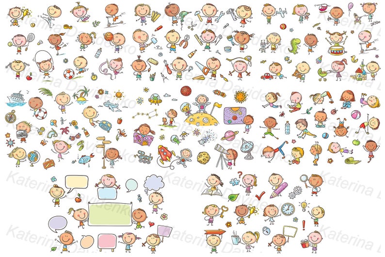 Kids Bundle Clipart. Doodle Cartoon Kids Clip Art Set. Children Vector ...