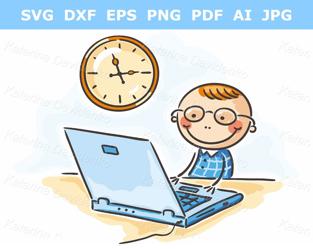 Little Cartoon Kid in Glasses at the Computer. Cute Child Working on a ...