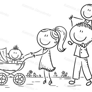 Family Clipart. Happy Cartoon Family With Two Children Walking Outdoors ...