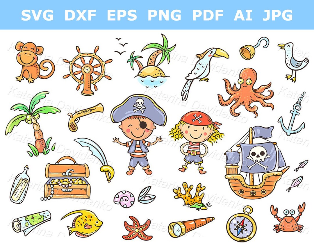 Cartoon Set of Pirate Clipart for Kids. Children in Pirate Costume ...
