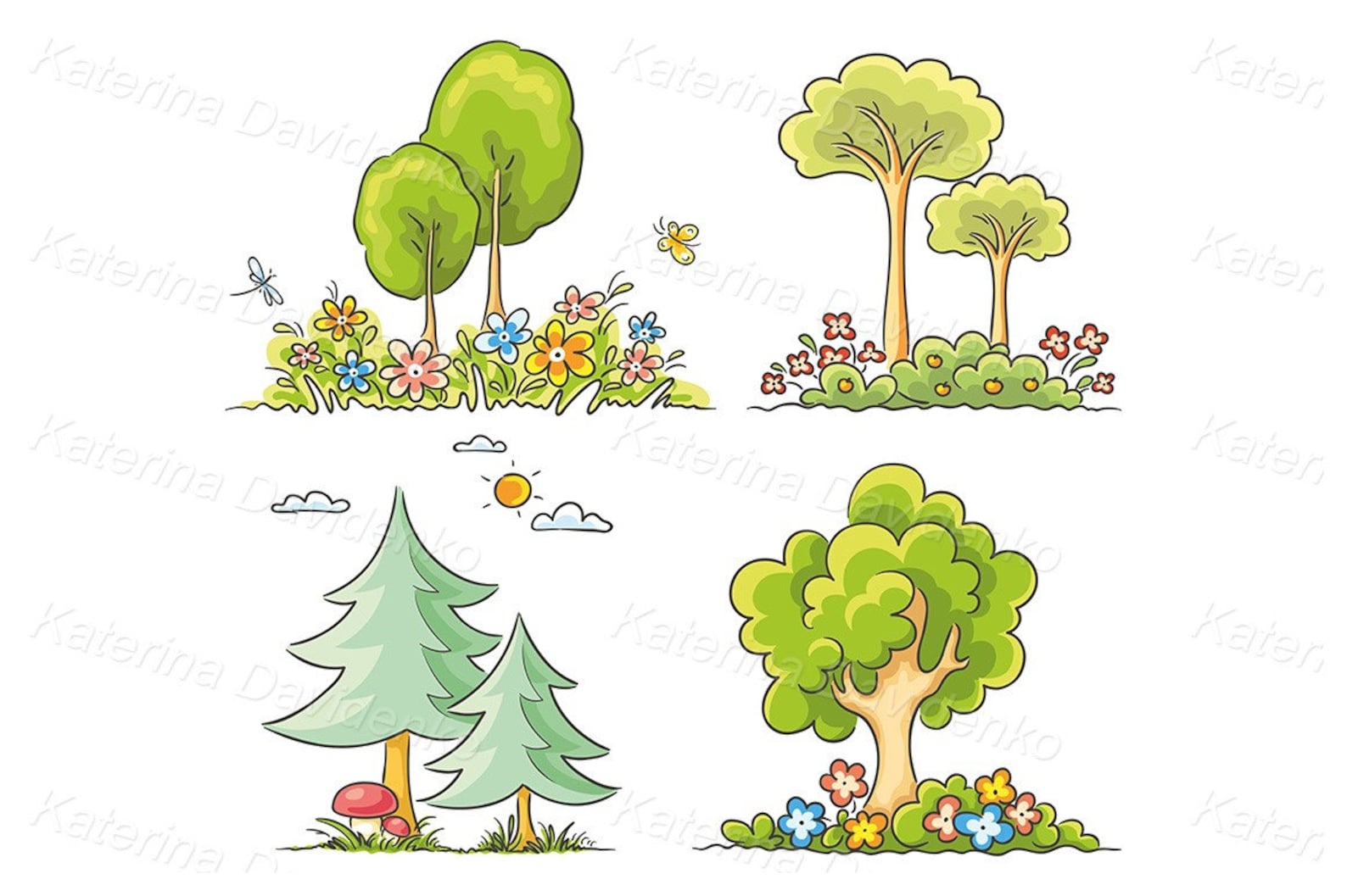 Set of Different Cartoon Trees With Flowers Hand Drawn - Etsy