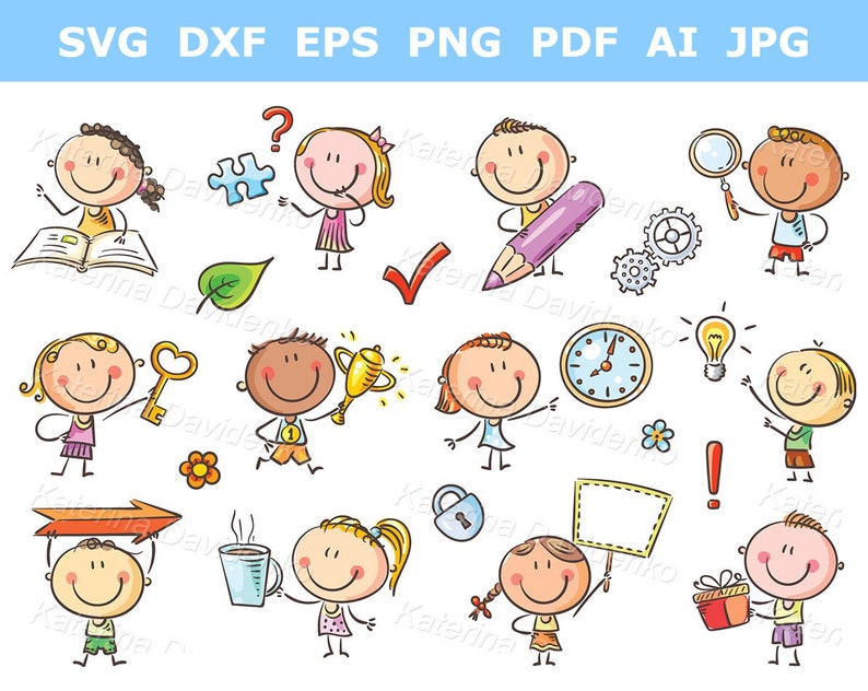 Happy Cartoon Kids Clipart Set Children With Symbols - Etsy Canada