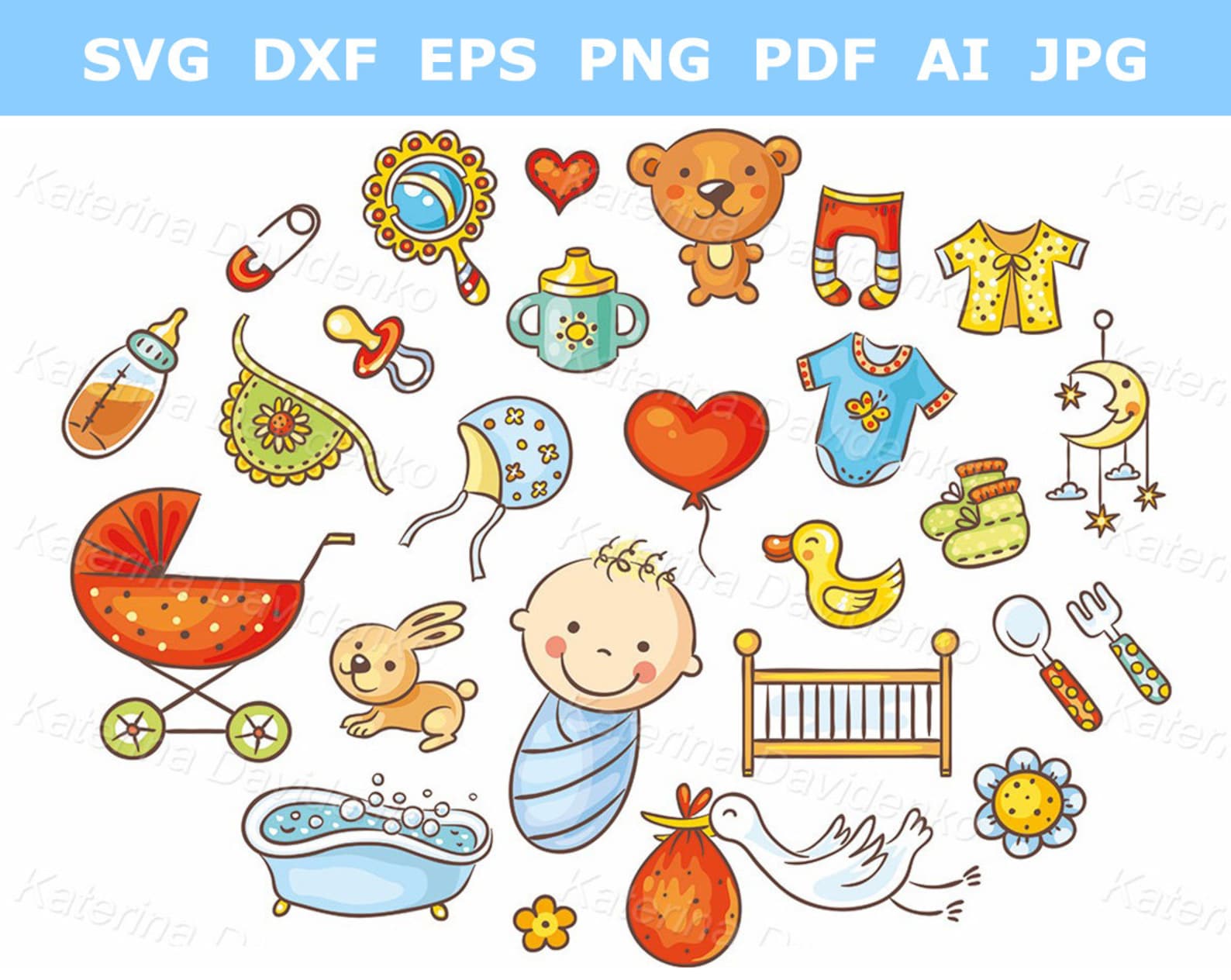 Cartoon Baby Clipart. Set of Baby Things, Doodle Baby Items Clip Art ...