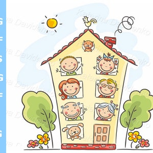 Cartoon Family House Clipart. the Whole Big Family is at Home. Hand ...