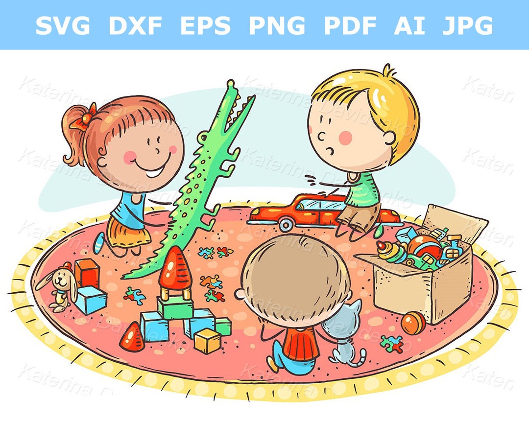 Preschooler Clipart. Cartoon Little Children Playing With Toys on the ...