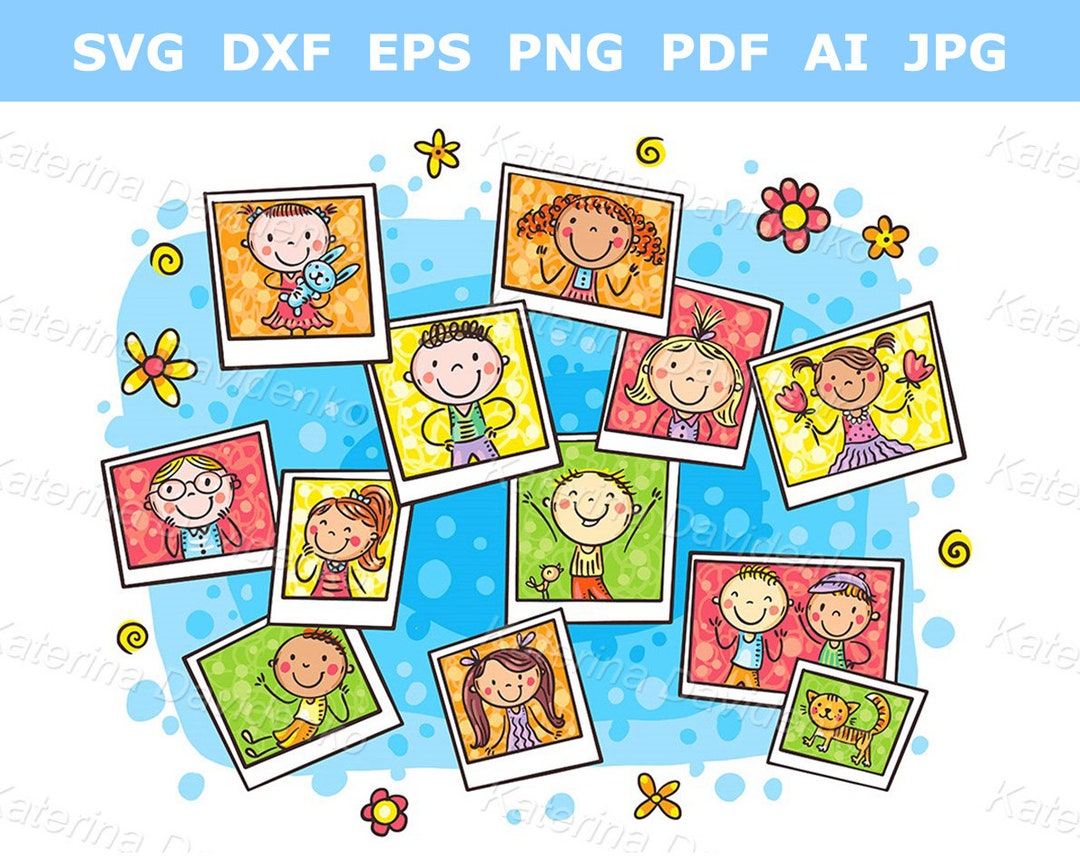 Cartoon Kids Photo Collage. A Pile of Happy Doodle Kids Photos Cartoon ...