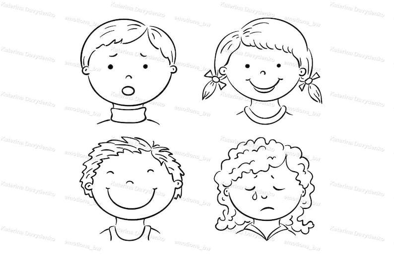 Cartoon Kids Faces Emotions Clipart. Set of 4 Pictures With Cartoon ...