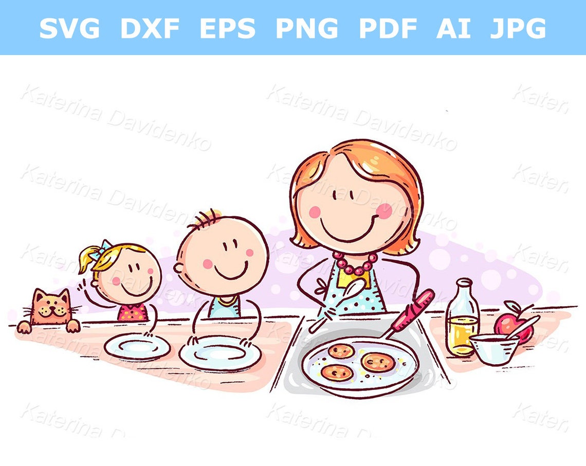 Family Cooking Clipart. Kids Are Waiting for Pancakes Mother - Etsy