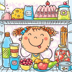 Cartoon Girl Looking Inside Fridge With Food, Digital Download. View ...
