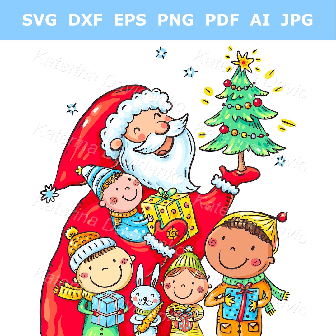 Christmas Kids Clipart. Happy Xmas Greeting Card. Cartoon Kids and ...