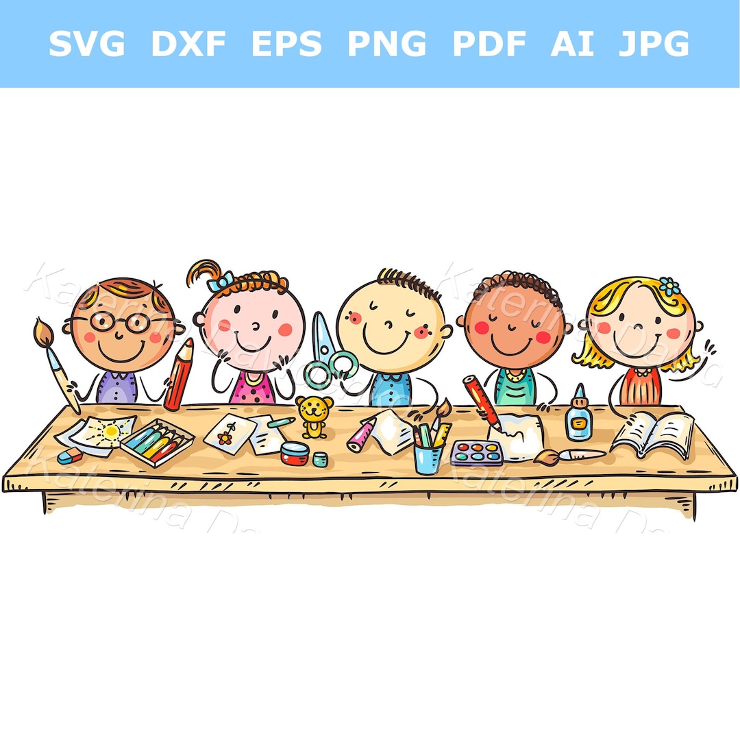 Happy Cartoon Kids Crafting Together, Children Creative Activities ...