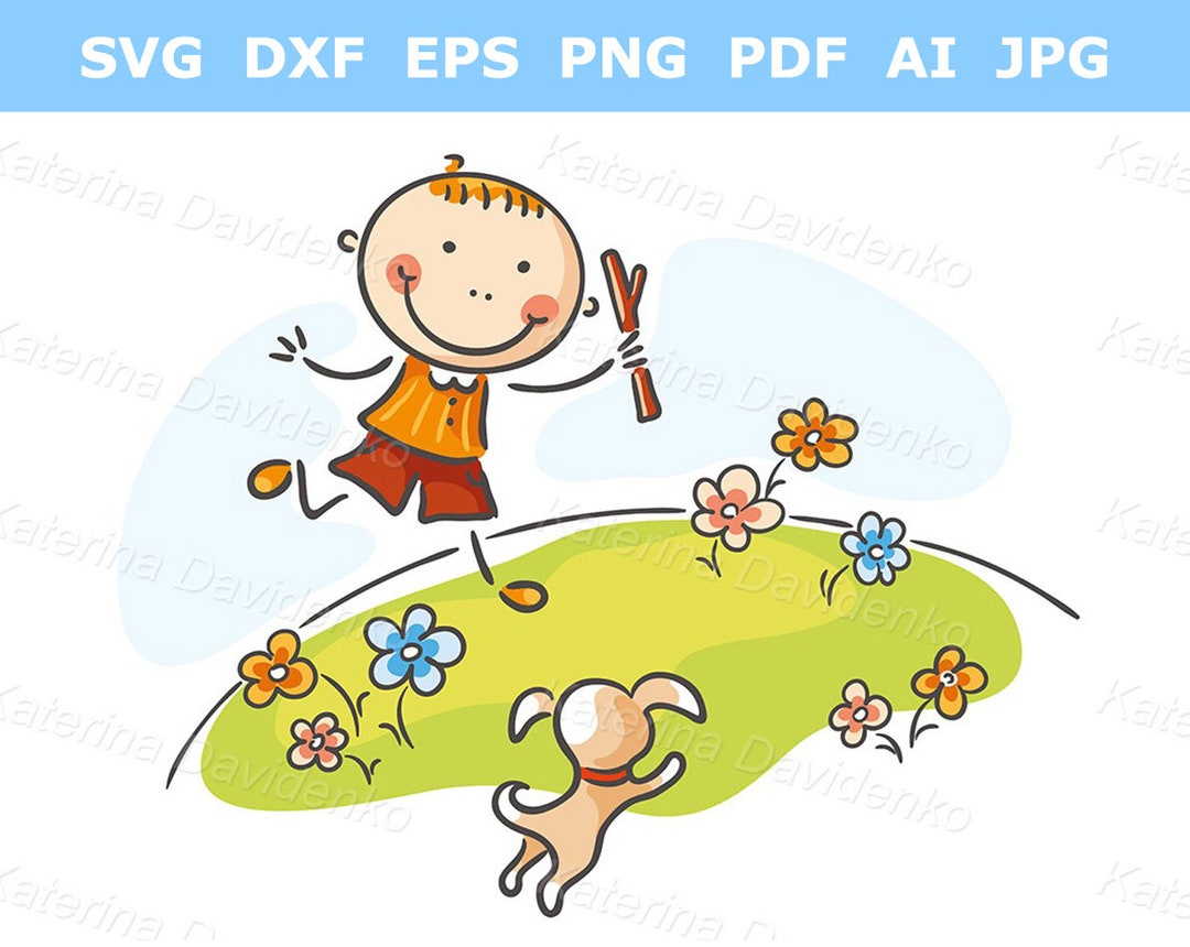 Summer Kid Clipart. Happy Cartoon Boy Playing With His Dog Outdoors ...