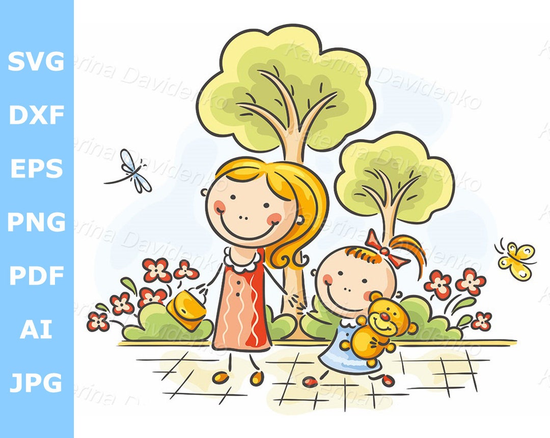 Cartoon Family Clipart. Doodle Mother and Daughter Walking in the Park ...