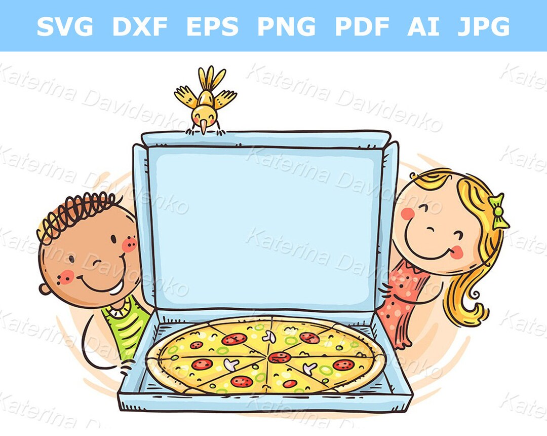 Doodle Happy Kids With Pizza. Children Clipart. Blank Space or Banner ...