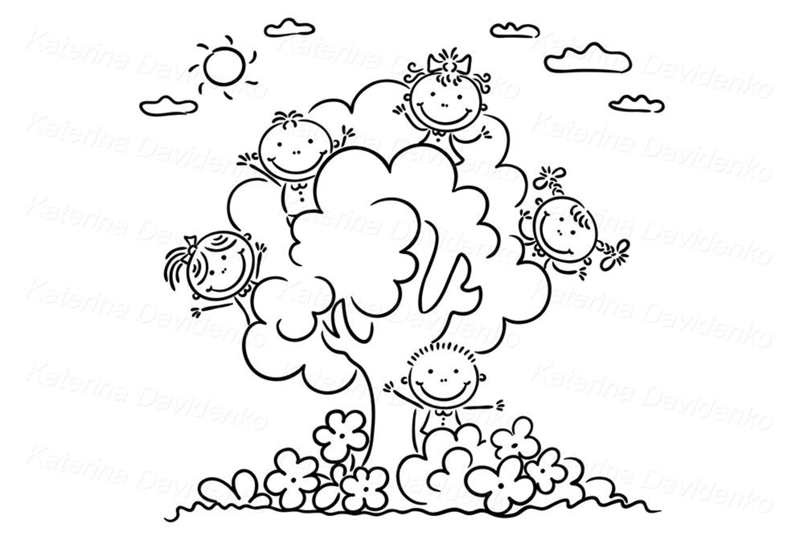Doodle Kids Clipart. Happy Cartoon Kids Playing on Tree. Vector ...