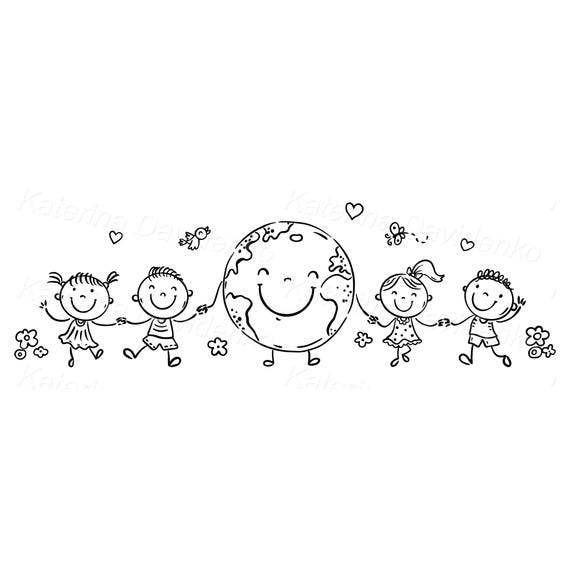 World With Children Clipart Black And White