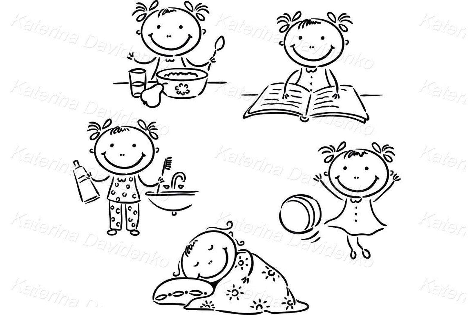 Daily Routine Kid Clipart. Cartoon Little Girl's Daily - Etsy