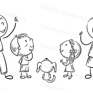 Happy Cartoon Doodle Family Clipart. Parents With Two Kids Looking Up ...