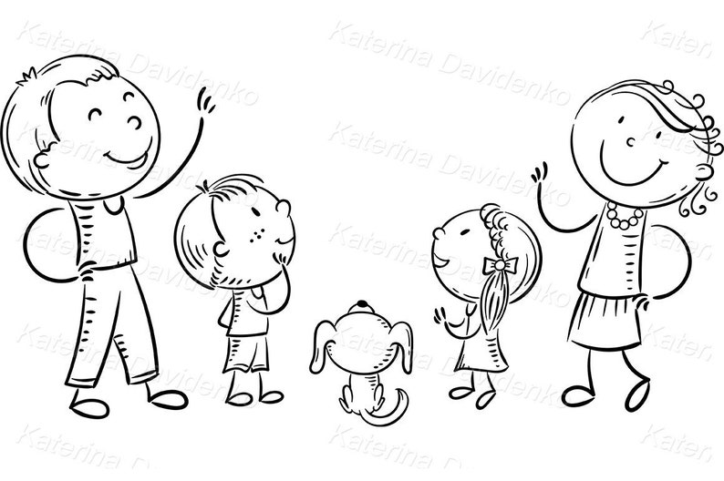 Happy Cartoon Doodle Family Clipart Parents With Two Kids - Etsy