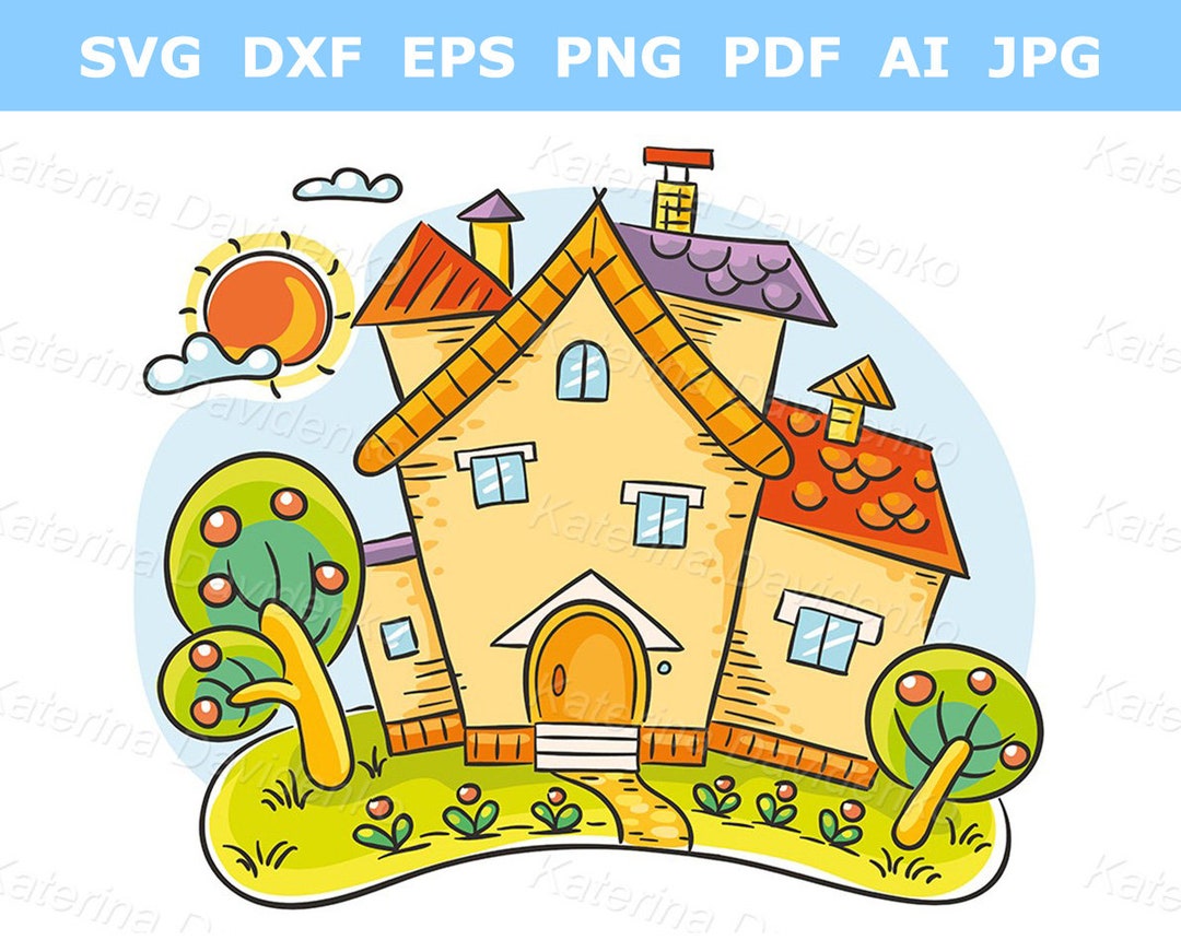 Cartoon Countryside House With a Garden Clipart - Etsy