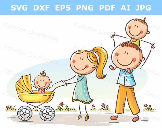 Cartoon Doodle Parents Hugging Kids, Mother and Father Embrace Their ...