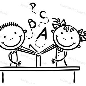 Happy Doodle Little School Kids Reading a Book. School Clipart. Cartoon ...