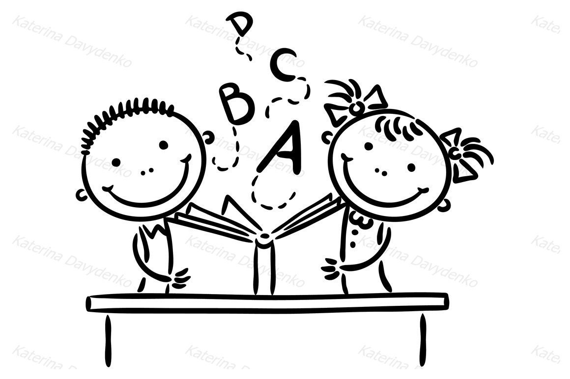 Two Children Reading Clipart Black And White