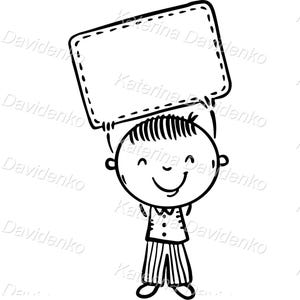 Outline Clipart Set of Cartoon Happy Kids Holding Blank Signs, Banners ...