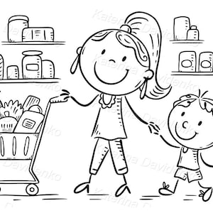 Family Shopping Clipart. Cartoon Doodle Mom and Son at Supermarket With ...