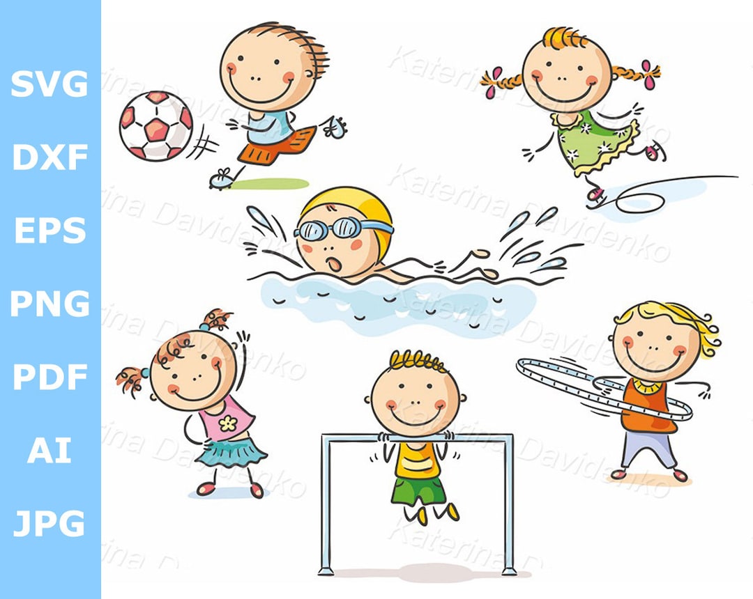 Doodle Cartoon Kids Sports Activities Clipart Set. Cartoon Children ...