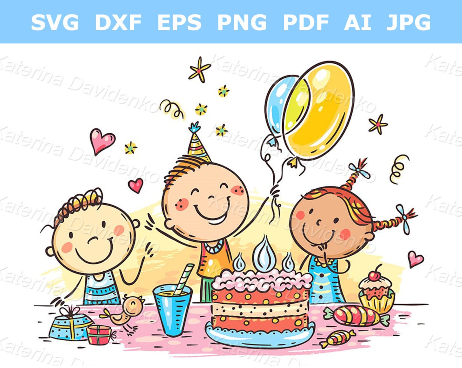 Happy Kids Birthday Party With a Big Cake Clipart Child's - Etsy
