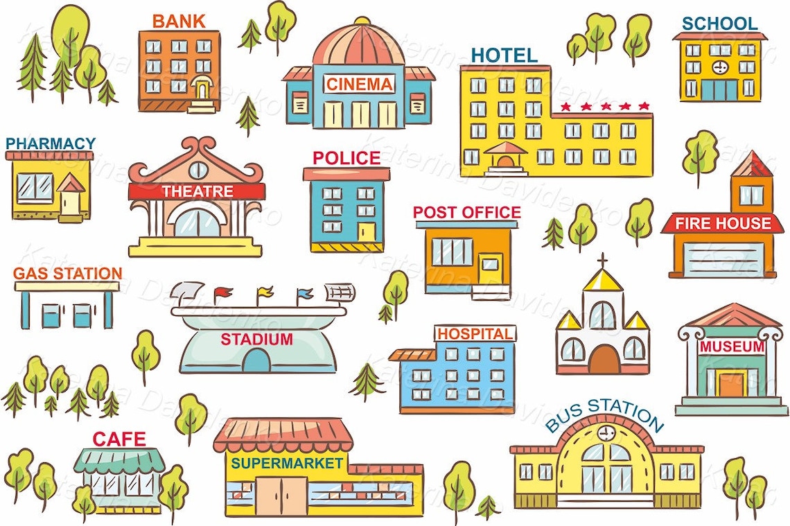 Cartoon Illustration of City Plan and Buildings With Signs. Back to ...
