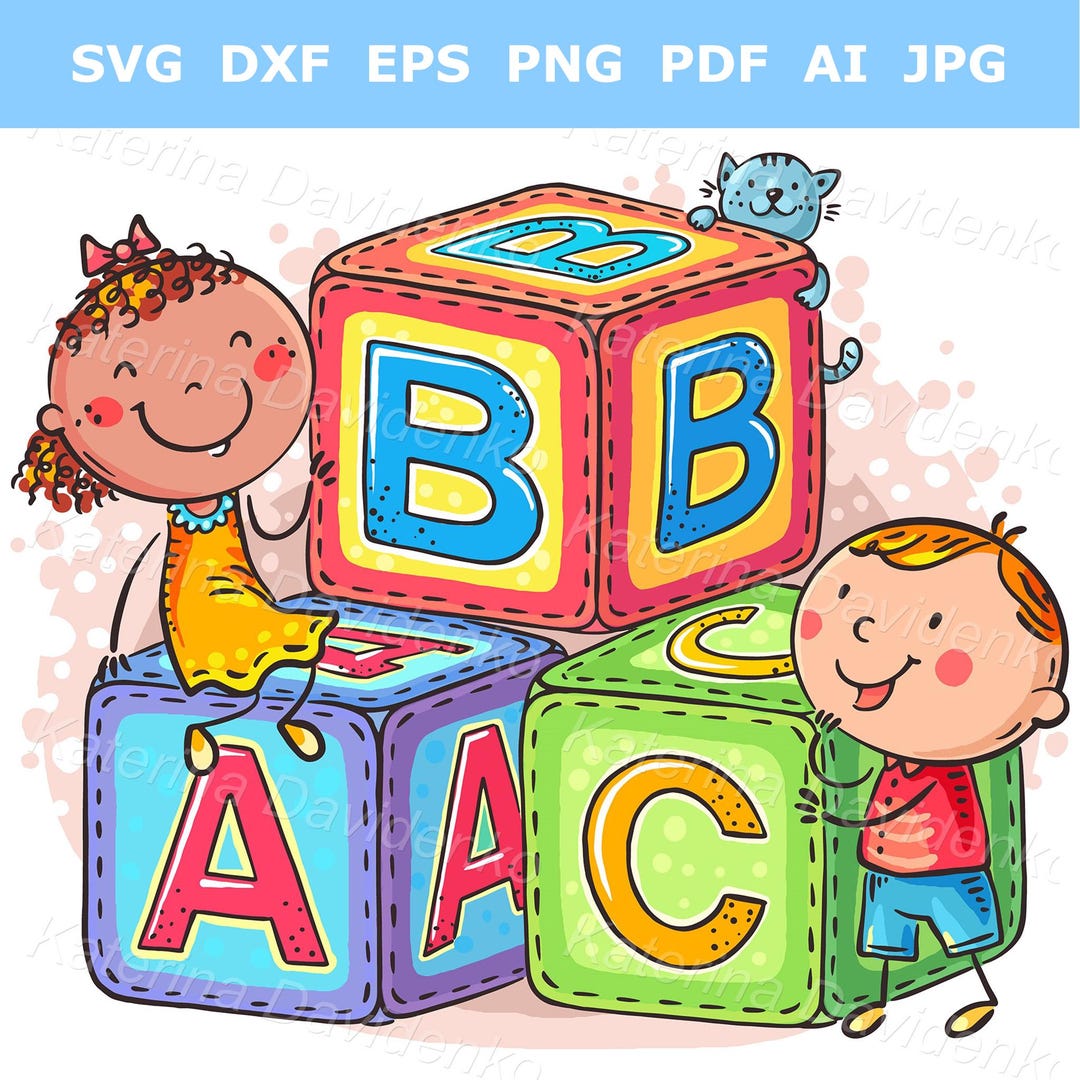 Vector of Happy Kids Playing With Abc Blocks, Cartoon Children With ABC ...