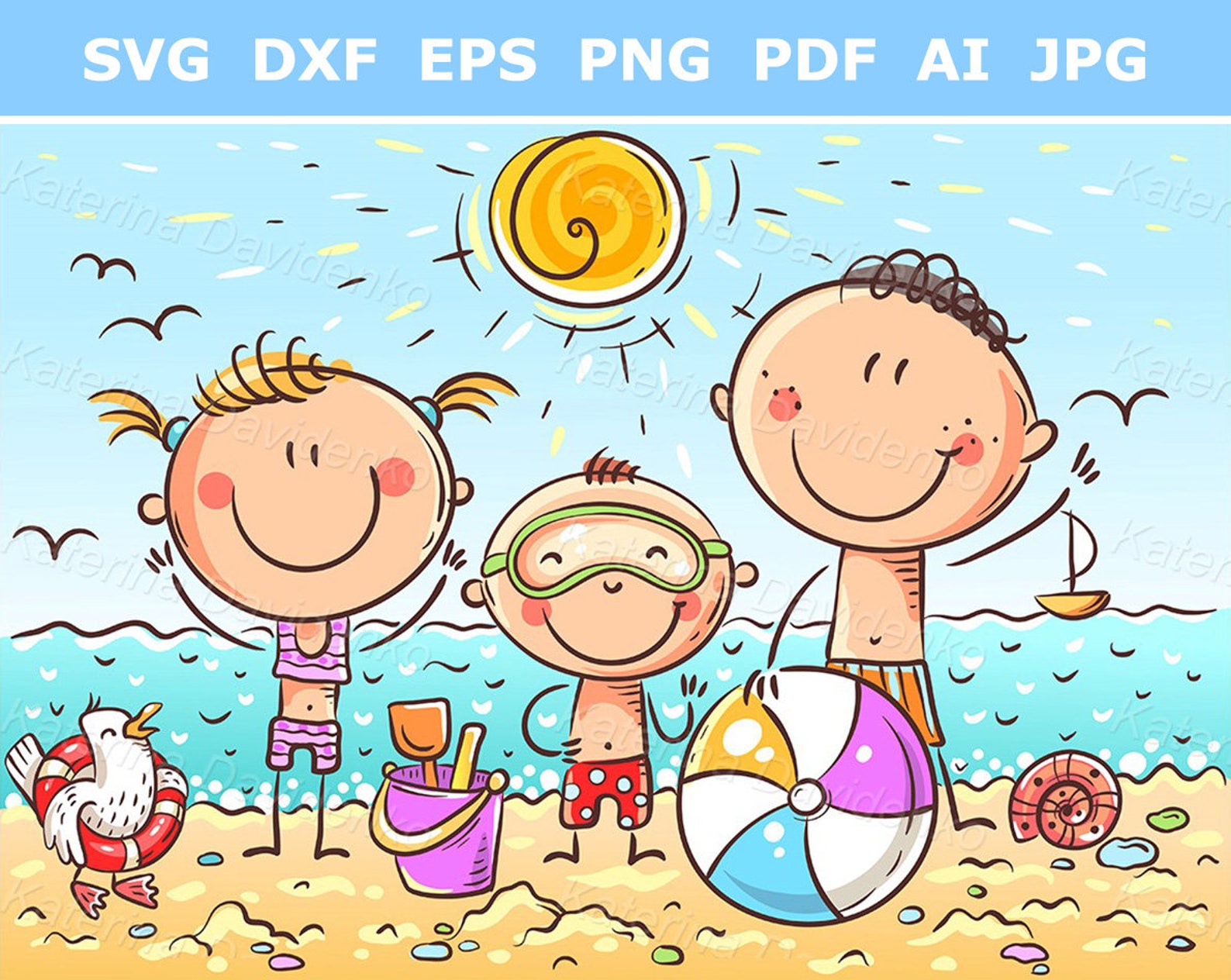 Seaside Vacation Clipart. Kids Summer Activities. Happy Kids at the ...