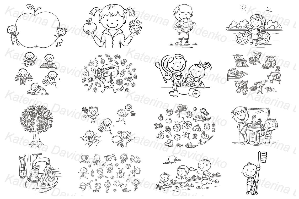 Healthy Lifestyle Clipart. Kids and Families Doing Sports and Eating ...