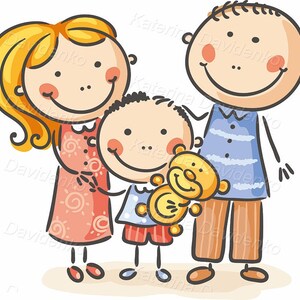 Cartoon Family Clipart. Happy Doodle Family With Child Standing in a ...