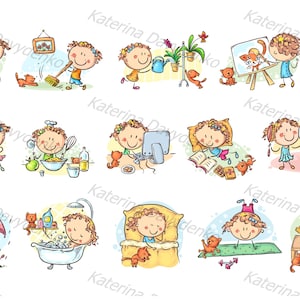 Cartoon Kids Daily Activities Clipart Set. Girl’s Life, Daily Routine ...