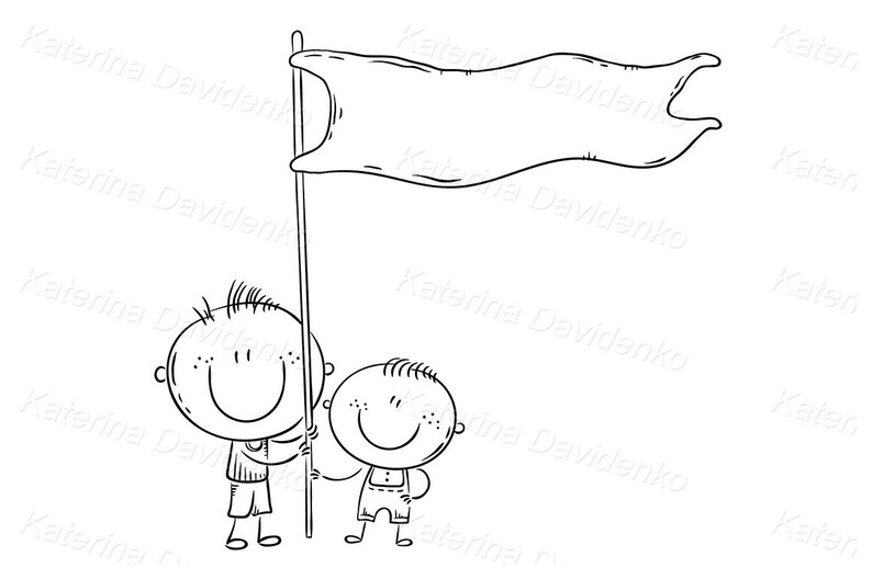 Doodle Cartoon Kids Holding a Flag. Kids Clipart. Banner With Copy ...