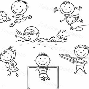 Doodle Cartoon Kids Sports Activities Clipart Set. Cartoon Children ...