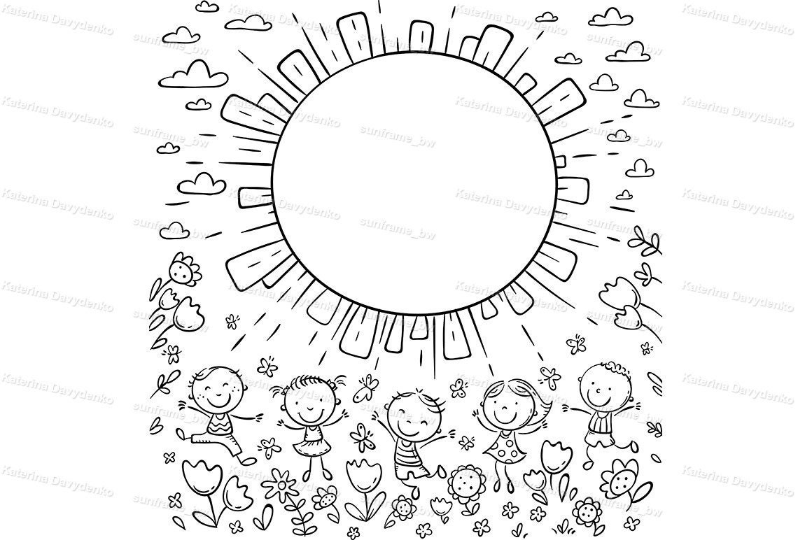Happy Cartoon Kids Clipart. Sun Frame With Doodle Kids. Summer Season ...