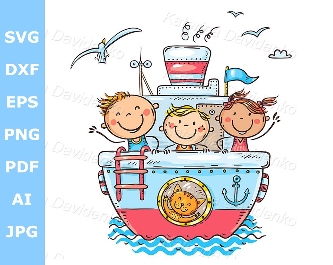 Cartoon Doodle Happy Kids on a Cruise Ship Clipart Hand - Etsy