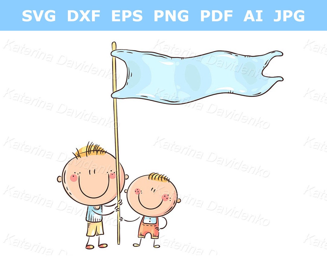 Doodle Cartoon Kids Holding a Flag. Kids Clipart. Banner With Copy ...