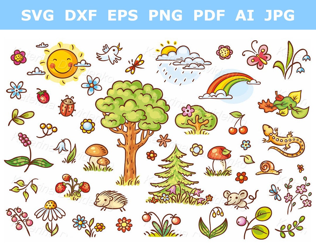 Cartoon Nature Clip Art Set With Trees, Flowers, Berries and Small ...