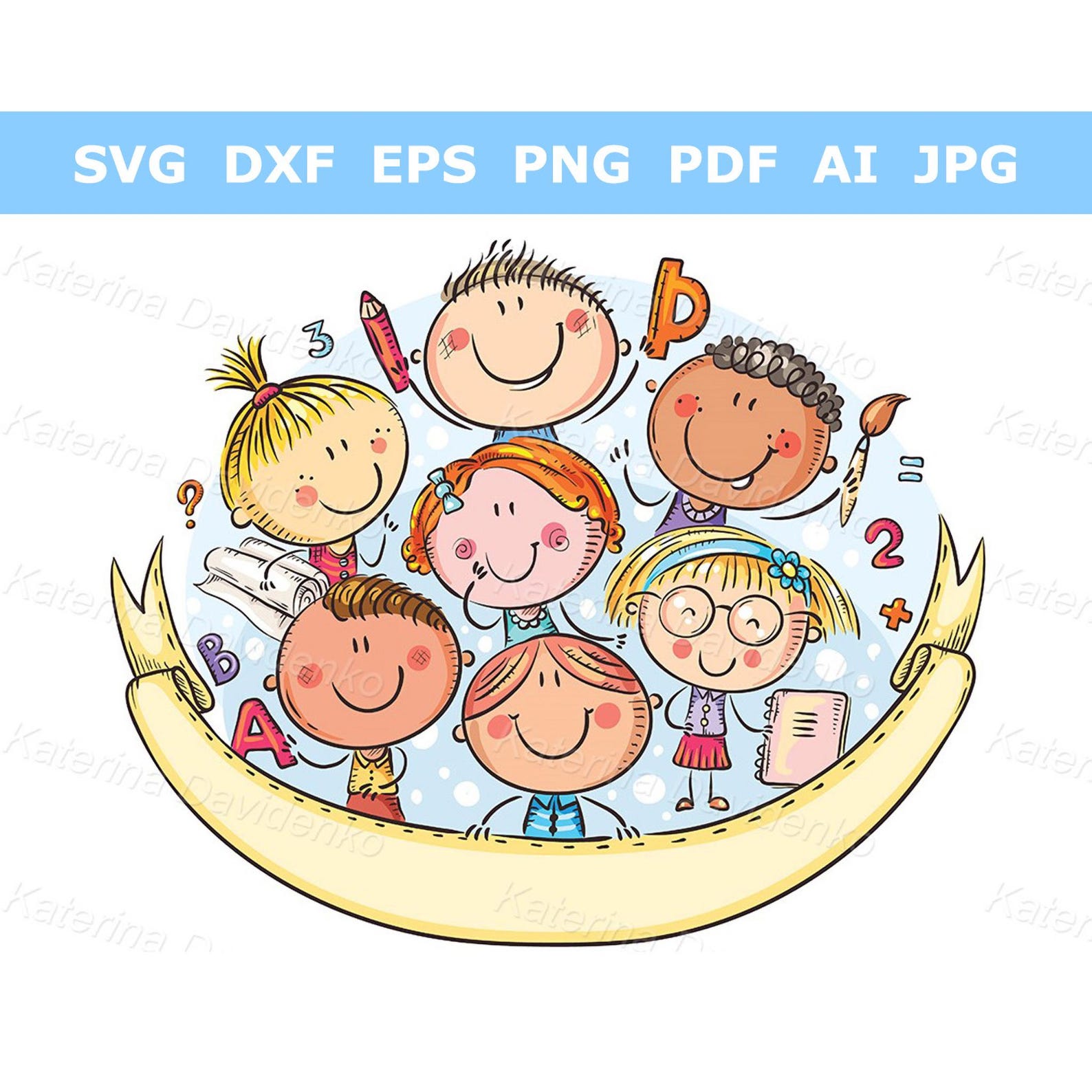 Happy Cartoon School Kids Clipart. Doodle Kids With Banner With Copy ...