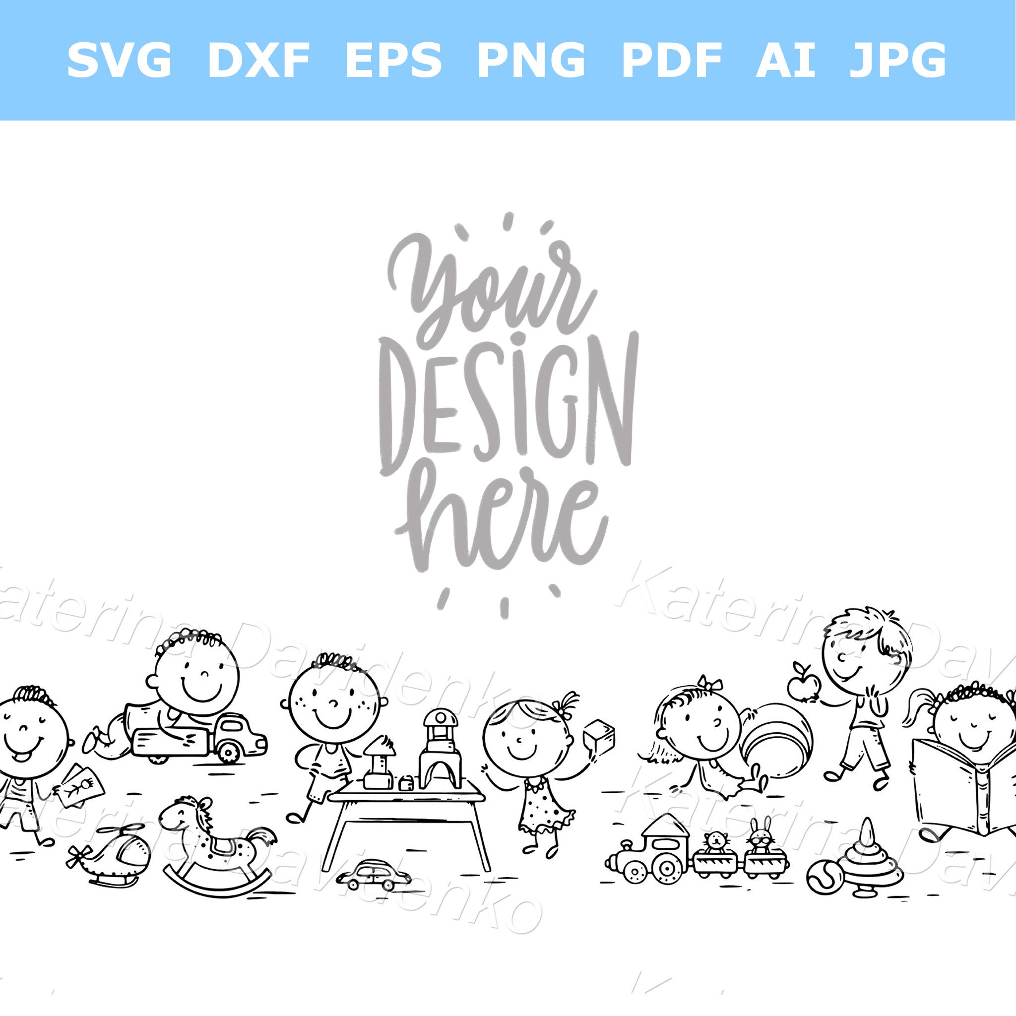 Doodle Kids Playing With Toys. Outline Cartoon Children Clipart ...