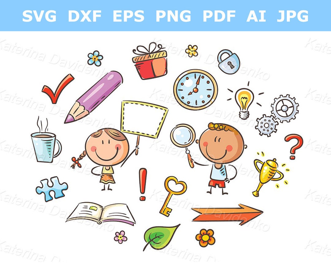 Cartoon Icon Clipart Set. Doodle Kids With Different Objects. Education ...